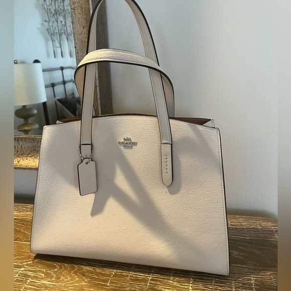 Coach | Bags | Coach Cream Leather Tote Bag With Brown Trim | Poshmark